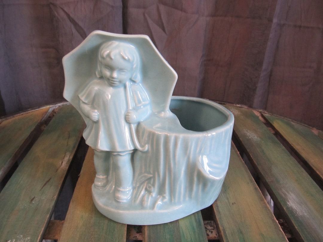 Vintage Aqua Blue Cameron Clay Girl With Umbrella morton Salt Girl ...