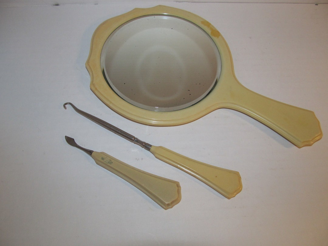 Vintage Signed "ivory Pyralin Dubarry" Hand Held Beveled Glass Mirror ...