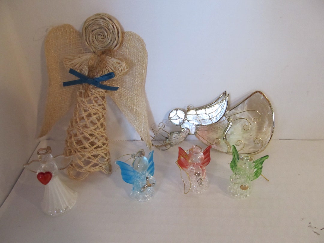 5 Vintage Christmas Ornaments / 3 Spun Glass Angels 1 3/4" / Iridescent ...