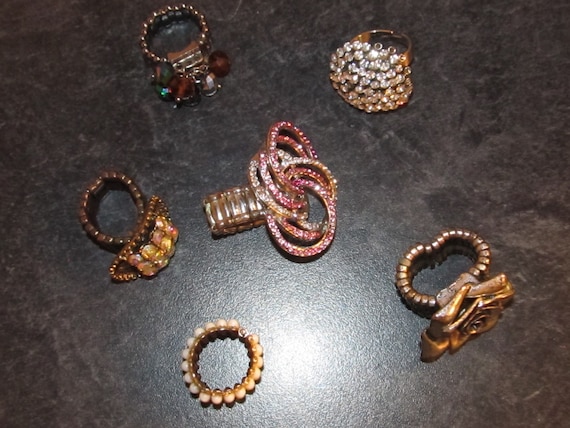 6 Vintage Costume Rings Assortment Lot - Metal Silver… - Gem