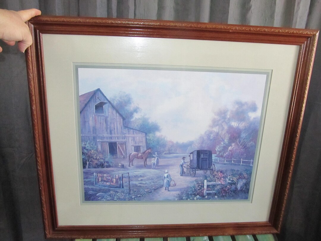 Vintage Carl Valente Amish Farm Horse Buggy Barn Quilt Framed Print ...