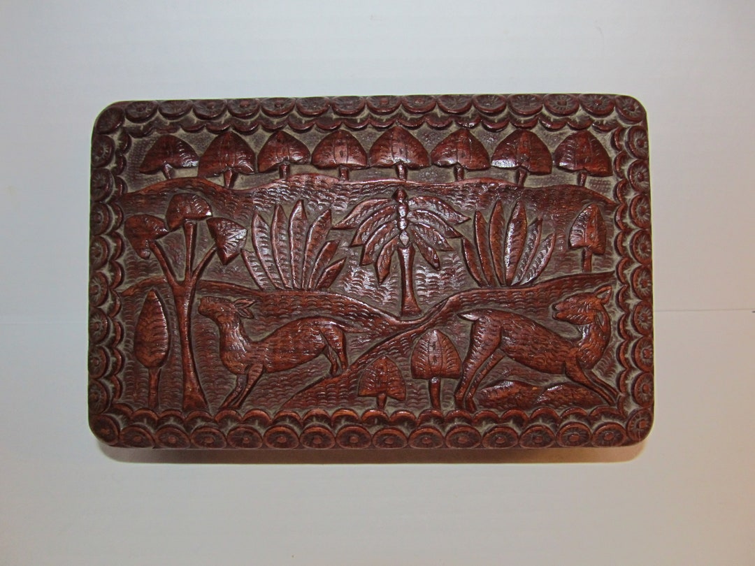 Vintage Hand Carved Walnut Wooden Box / Ornately Adorned With Wild ...