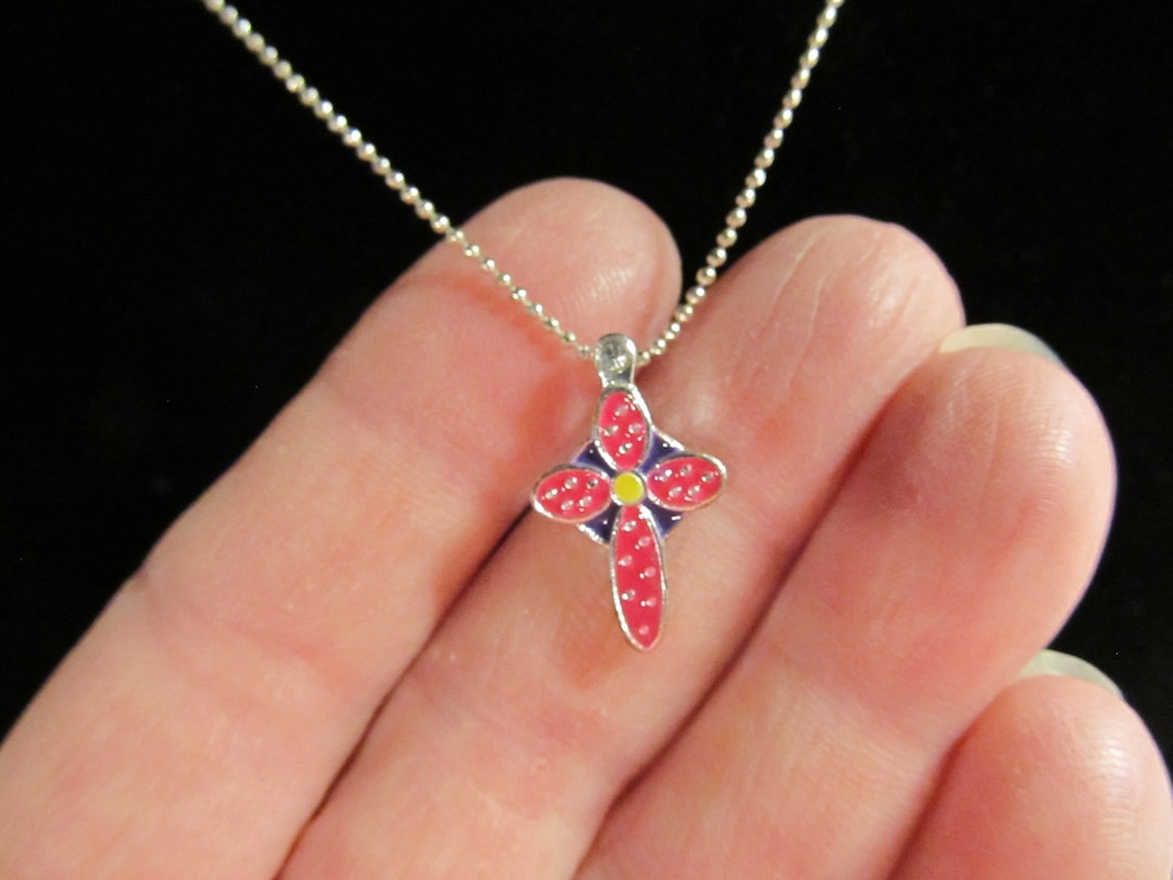Pretty Pink Floral Cross Crucifix Pendant on Silver Ball Chain - Etsy