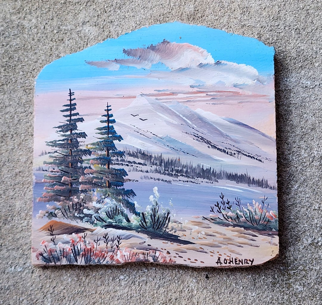 Vintage A.O. Henry Hand Painted Mountain Landscape on Granite Slab - Etsy