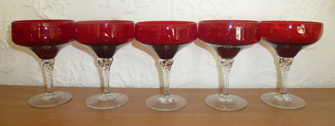 Set of 5 Vintage Claret Ruby Red Tall Champagne Sherbet Glasses ...