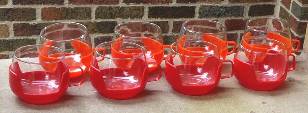 Vintage Mid Century Modern Roly Poly Mugs: Orange & Red Plastic Holders ...