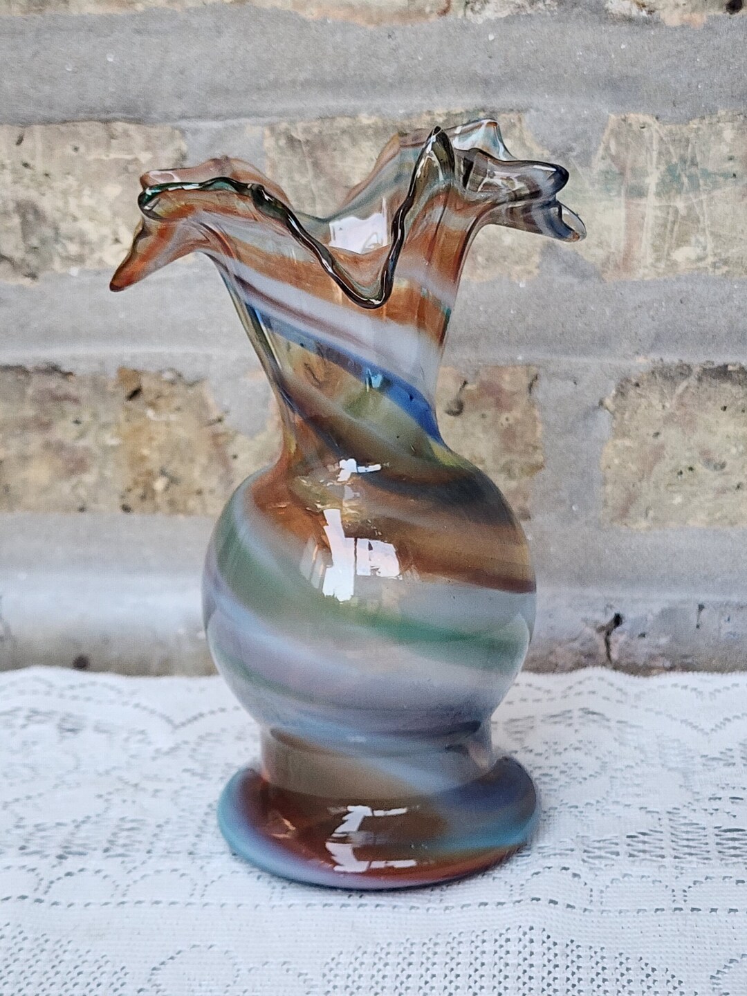 Vintage Ozark Art Glass Green White Blue Peach Clear Swirl Zig Zag ...