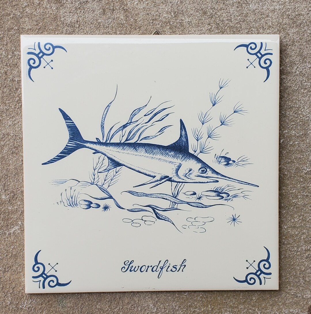 Vintage Delft Holland Cobalt Blue Scroll Swordfish Fish Fishing Nature ...