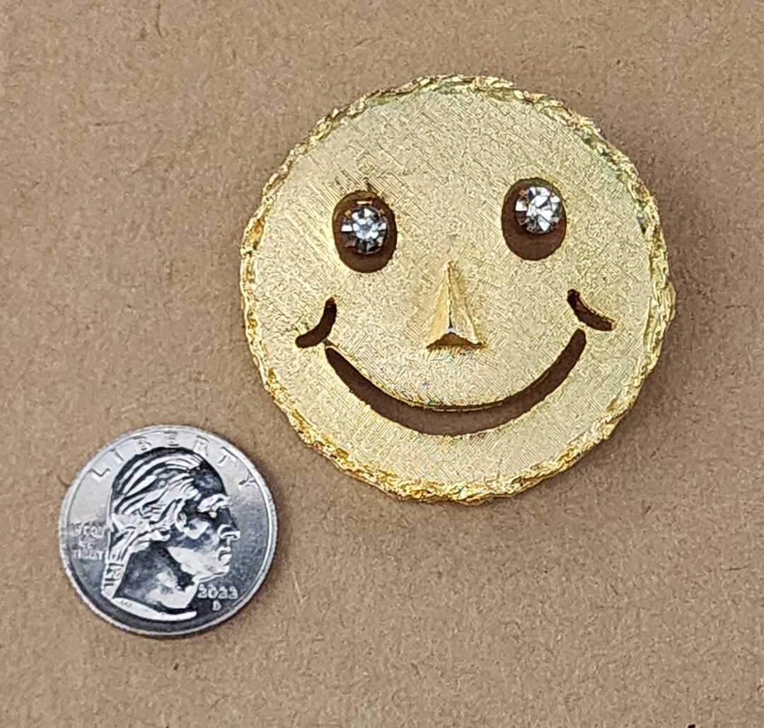 Vintage Smile Smiley Face Rhinestone Dangle Eyes Brushed Gold Tone ...