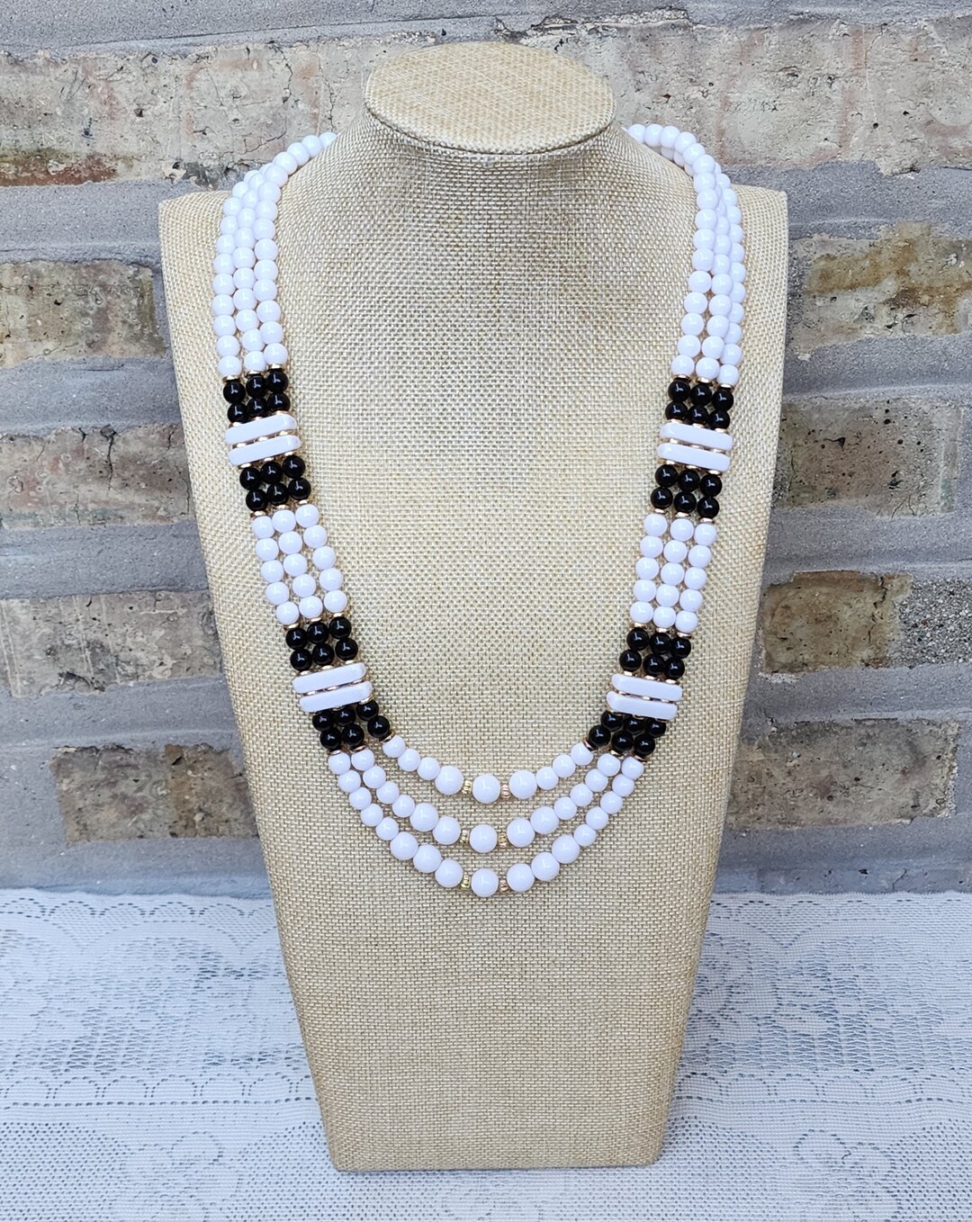 Vintage Black White Round Plastic Bead Beaded Lucite Bar Bead Triple 3 ...