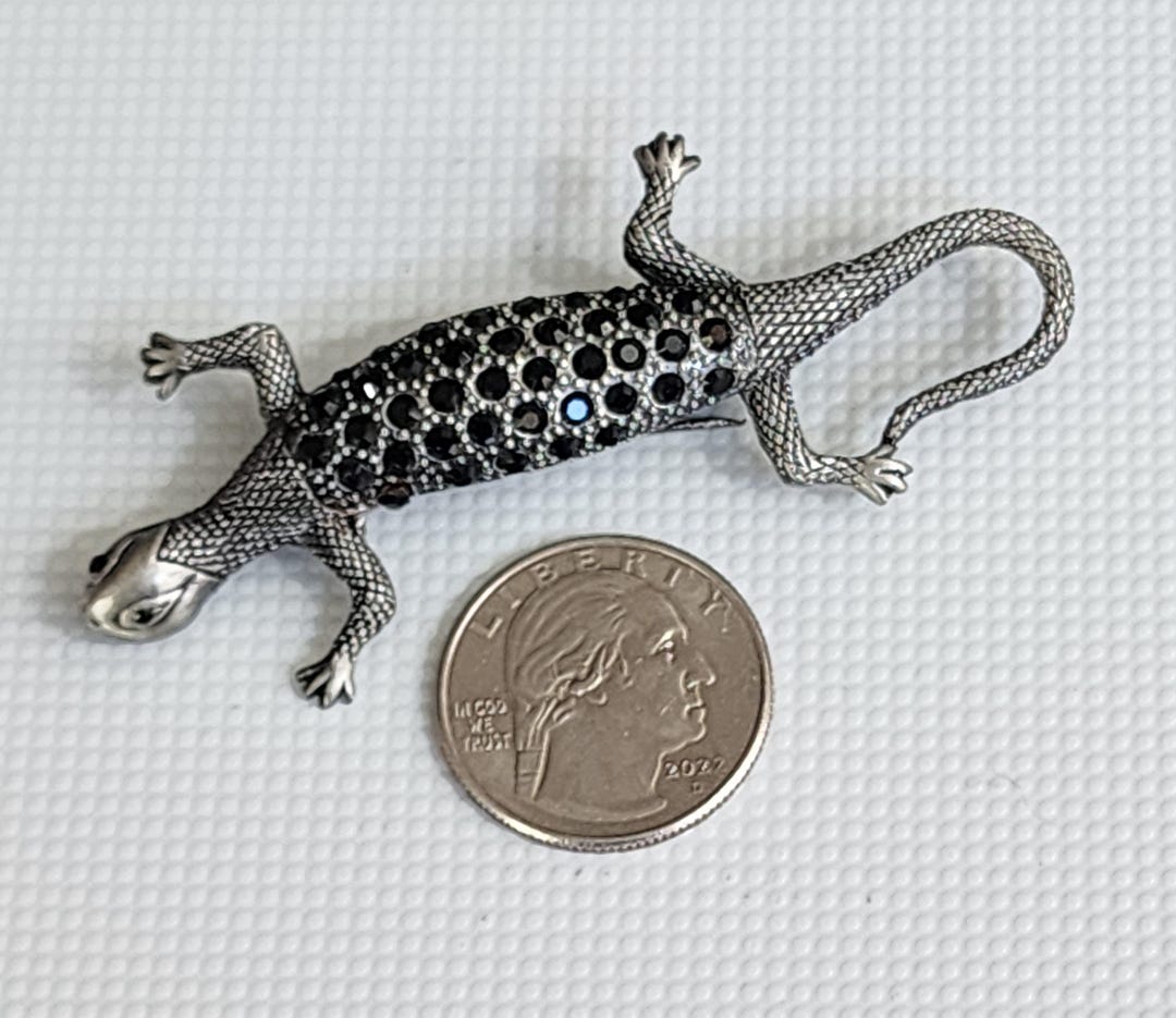 Vintage Black Rhinestone Lizard Brooch Pin Crawling Lizard Reptile ...