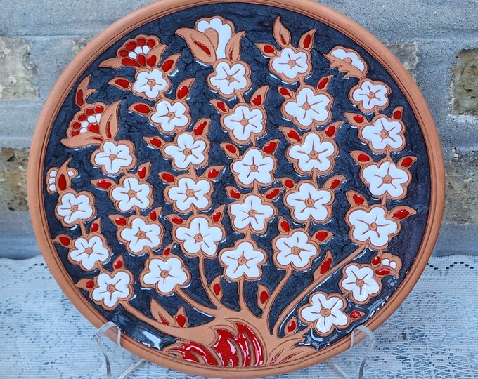 Vintage Enamel Hand Painted Tree of Life Lotus Blossom Terra Cotta ...