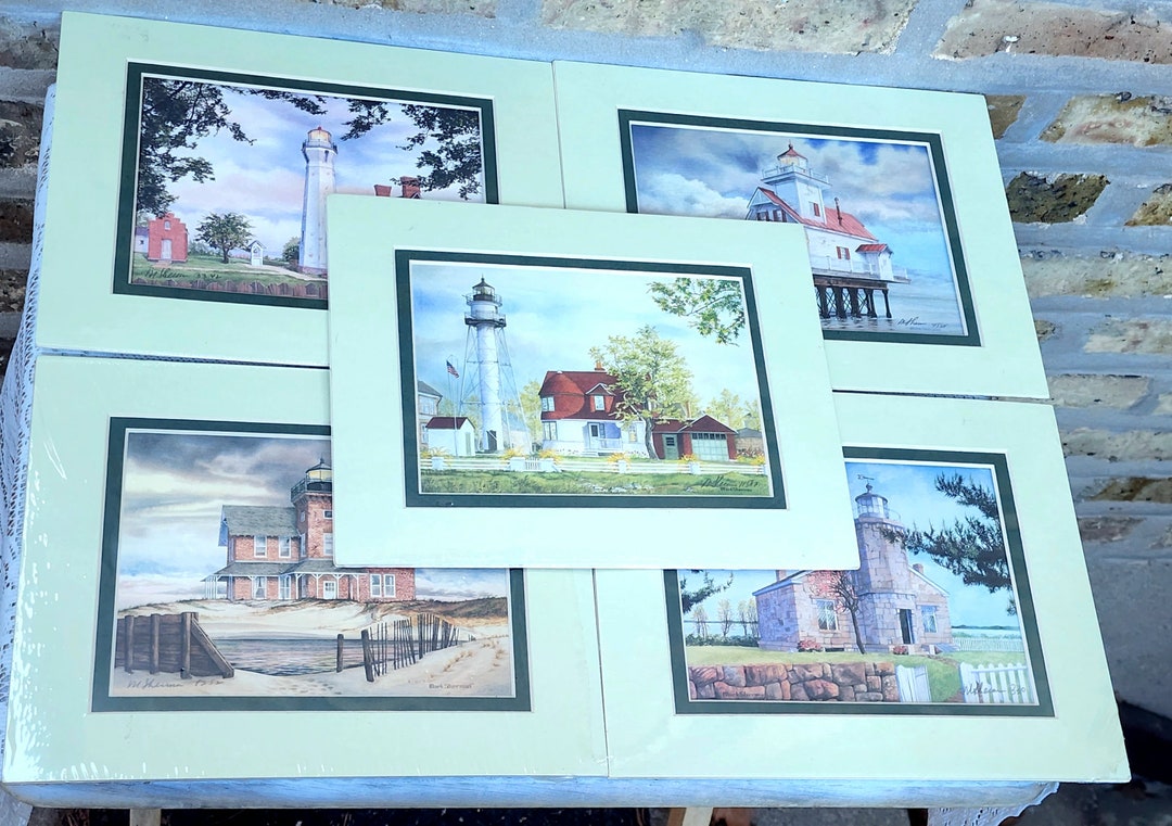 Set of 5 Vintage Mark Sherman Harbor Lights Lighthouses Watercolor Matted Print Pictures Wall ...