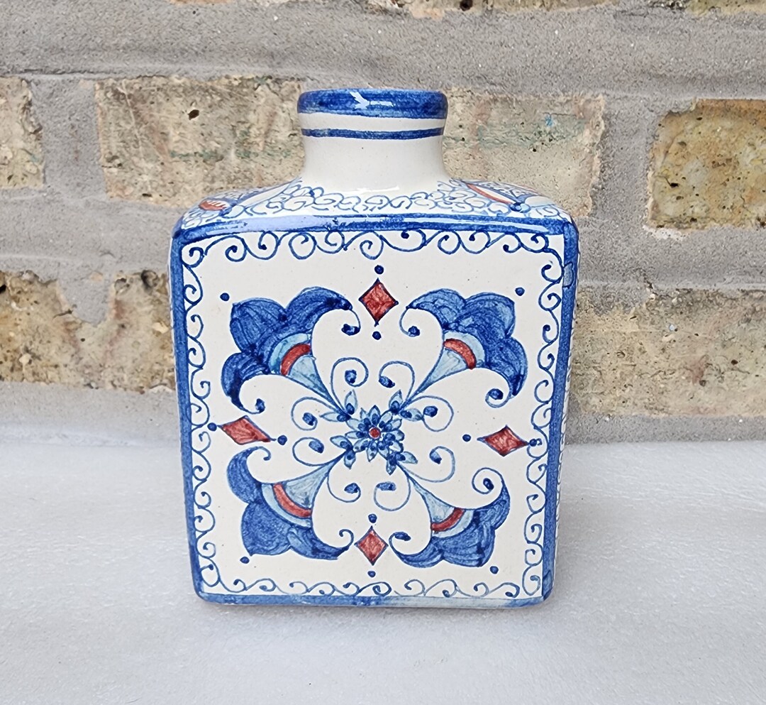 Vintage Hand Painted Ceramic Pottery Blue Flower Floral Medallion ...