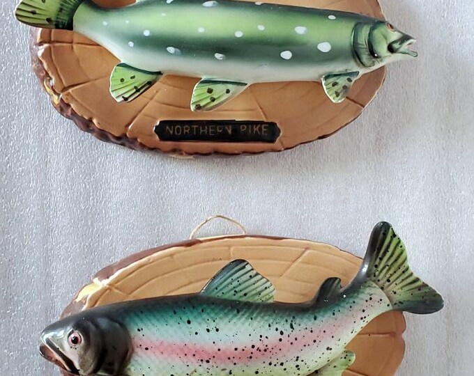 2 Vintage Norcrest Japan Rainbow Trout Northern Pike Ceramic Faux Wood ...