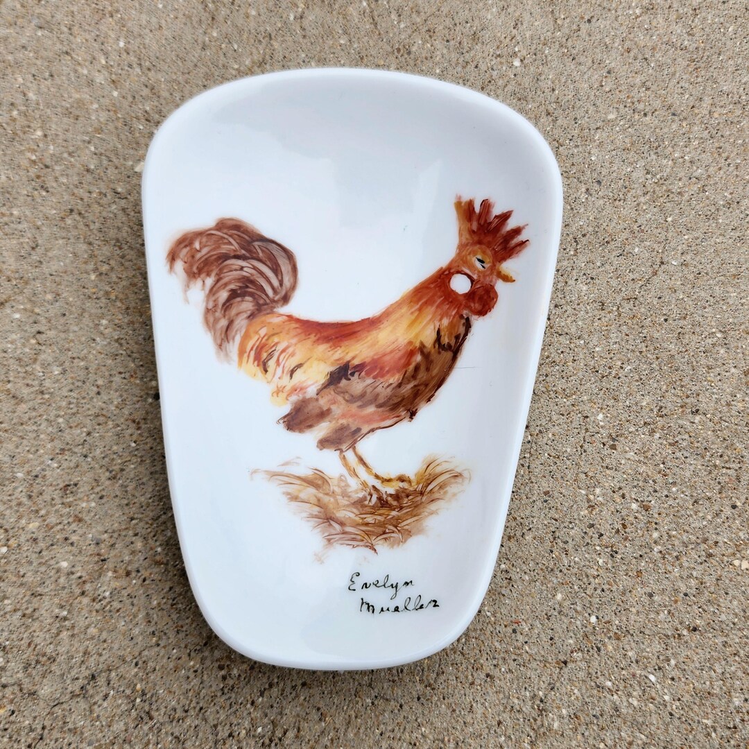 Vintage Rooster Spoon Rest Evelyn Mueller Porcelain Rooster Chanticleer ...