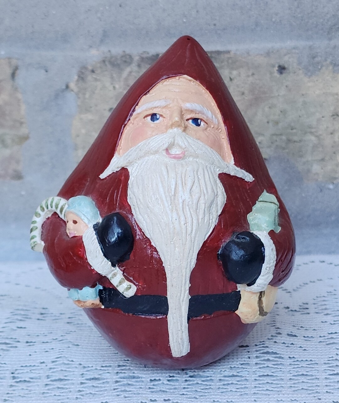 Vintage Roly Poly Santa Figurine: Carved Wood Texture Resin Christmas ...