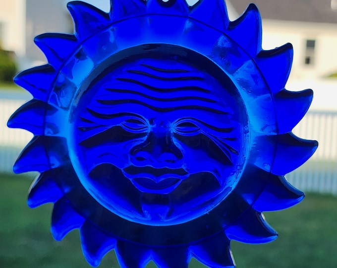 Vintage Sun Face Suncatcher Cobalt Blue Glass Flat Round Disc Art Glass ...