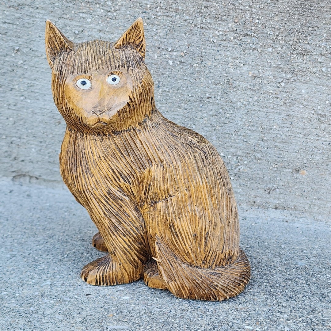 Vintage Folk Art Hand Carved Wood Cat Sitting Kitty Cat Figurine ...