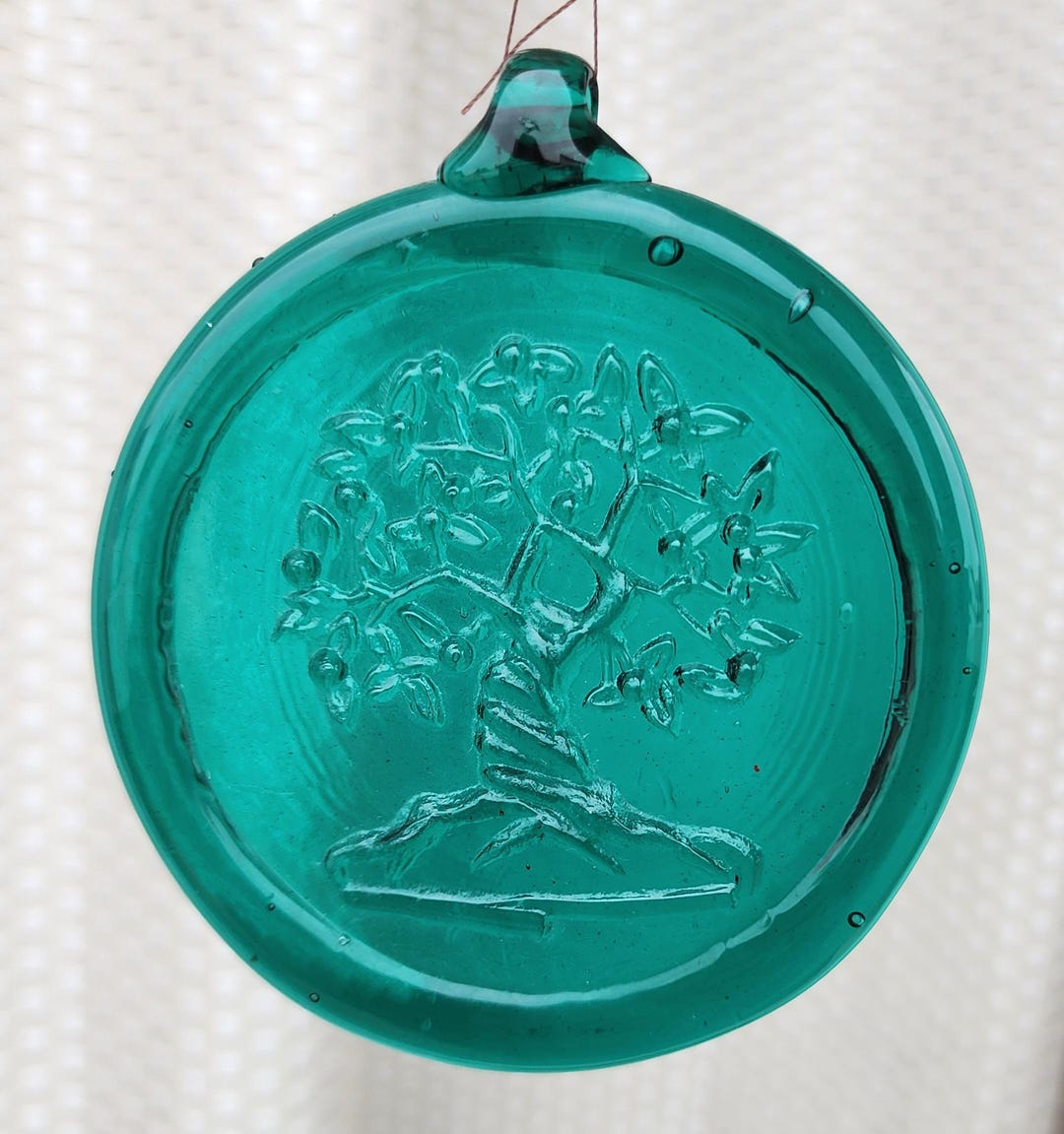 Vintage Kitras Turquoise Green Tree of Life Flat Round Disc Art Glass ...