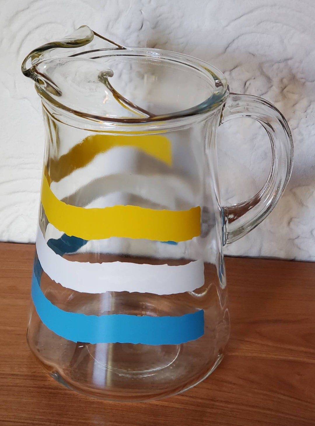 Vintage Striped Glass Pitcher: Yellow, White & Blue Wave Design - Etsy