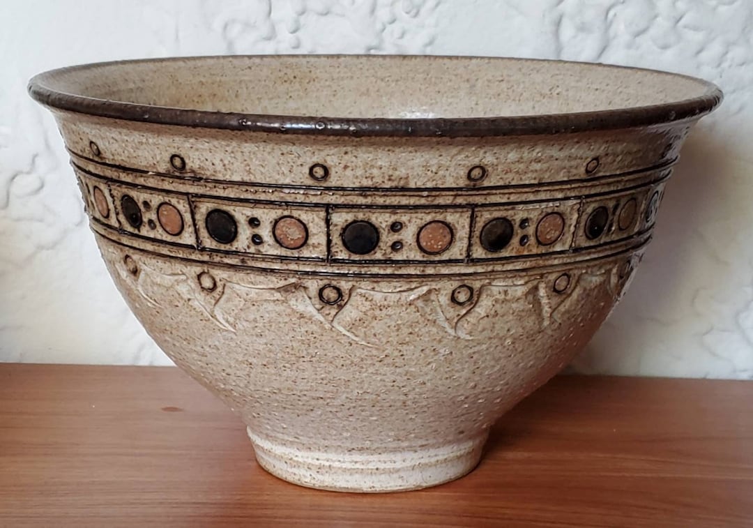 Vintage 1985 Tim Turner Pottery Brown Speckled Glaze Carved Circle ...