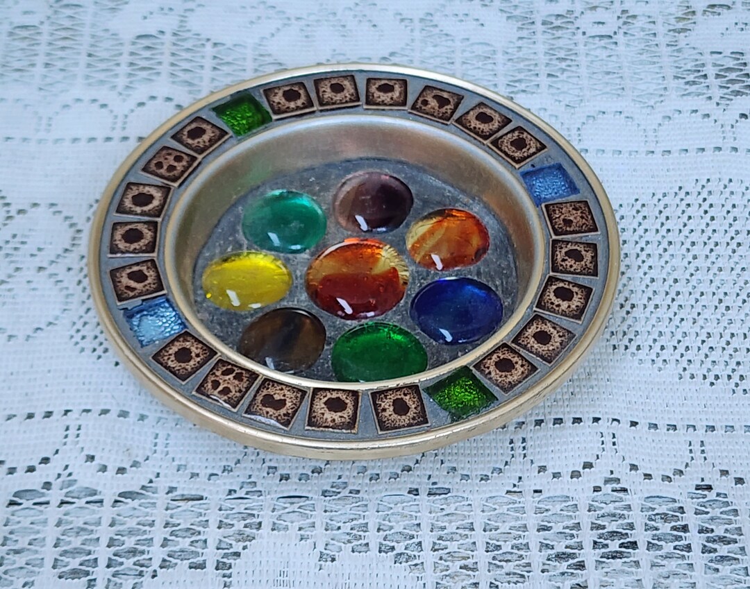 Vintage Color Glass Stone Pebbles Square Mosaic Tile Metal Round ...