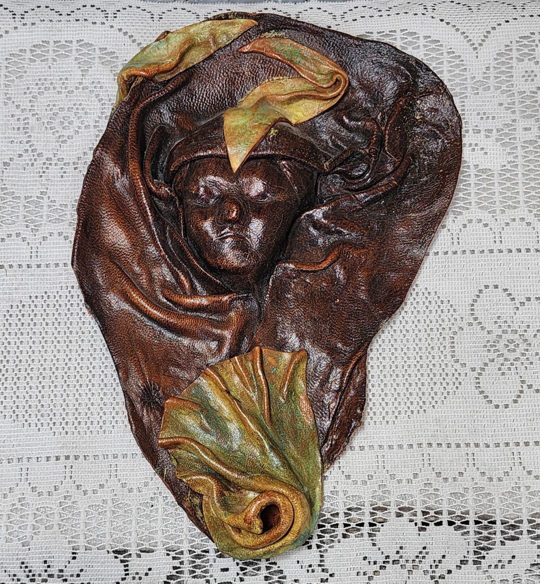 Vintage Leather Art Sculpted Mask Molded Face Lady Headdress Tribal ...