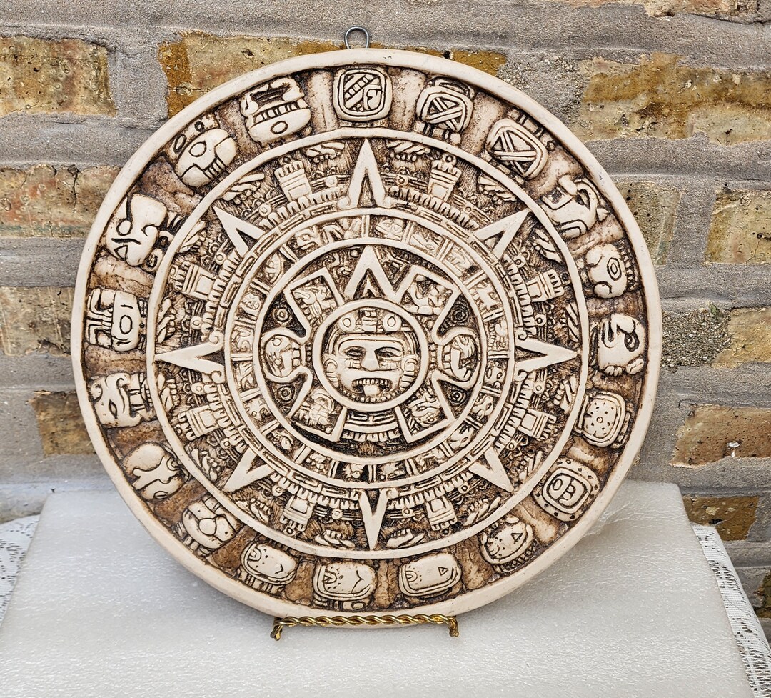 Vintage Resin Geometric Aztec Calendar Face Medallion Dial Mexico Folk ...