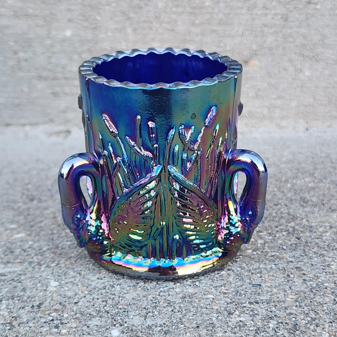 Vintage Swan Bird Cattails St Clair Glass Cobalt Blue Iridescent ...