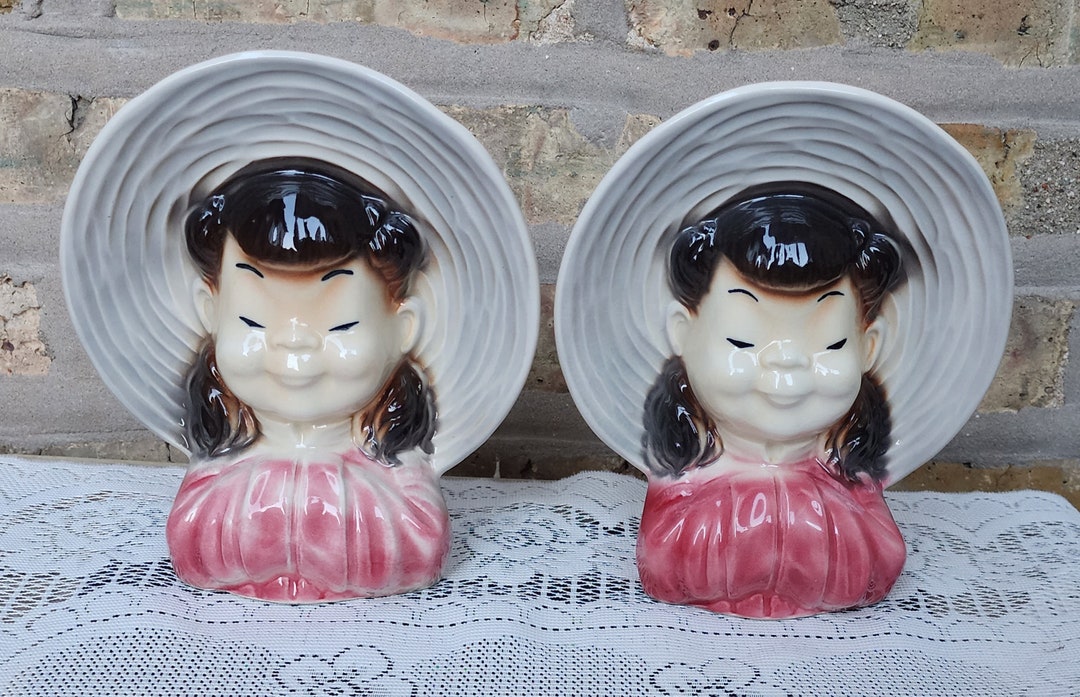 2 Vintage Royal Copley Asian Woman Girl Sun Hat Ceramic Pink Lady Head ...