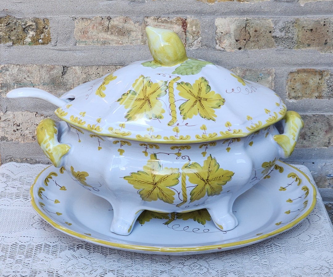 Vintage Italy Hand-painted Ceramic Soup Tureen With Ladle & Underplate ...