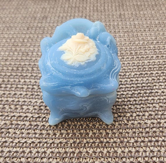 Vintage Blue Incolay Stone Trinket Box: Floral Cameo … - Gem