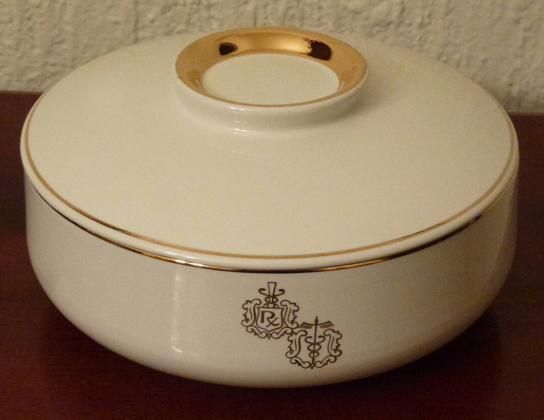 Vintage Hall Ceramic Casserole: Rx Medical Caduceus Emblem, Gold Accent ...