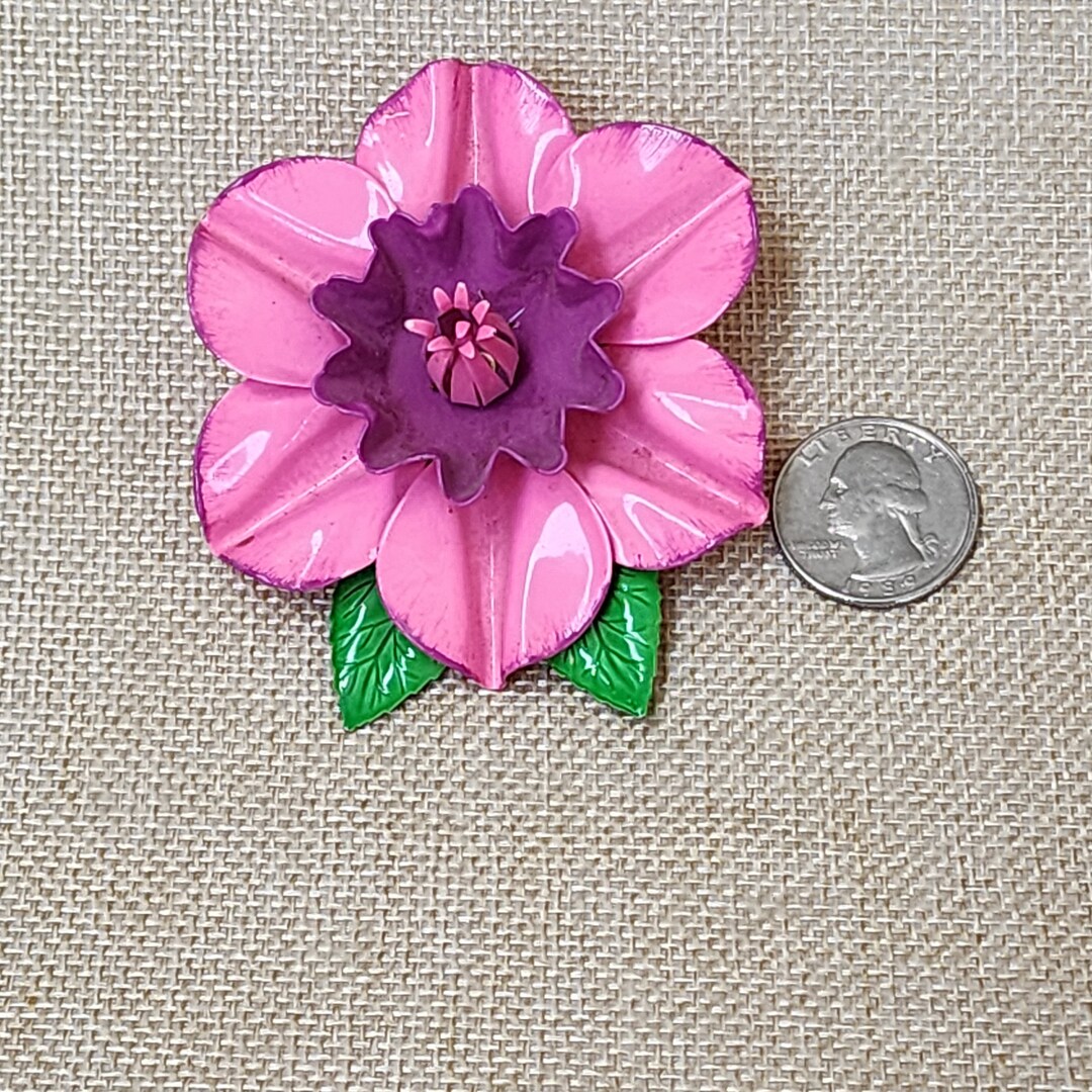 Vintage Large Pink Purple Green Hibiscus Flower Floral Enamel Metal ...