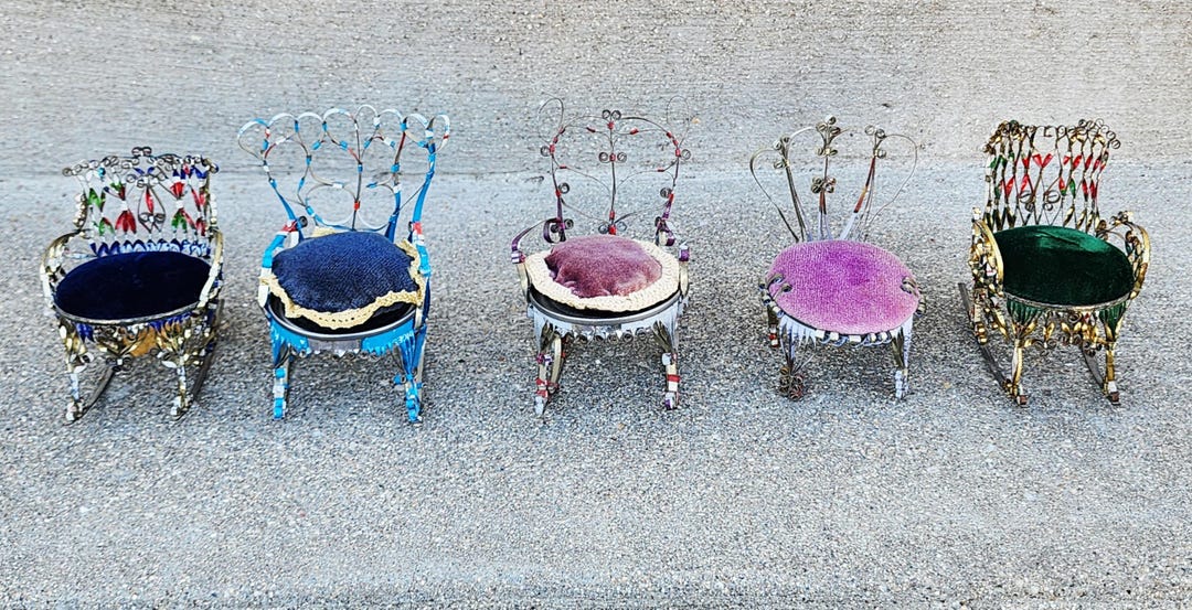 Vintage Pin Cushion Miniature Tin Can Chair: Handmade Velvet Seat Doll ...