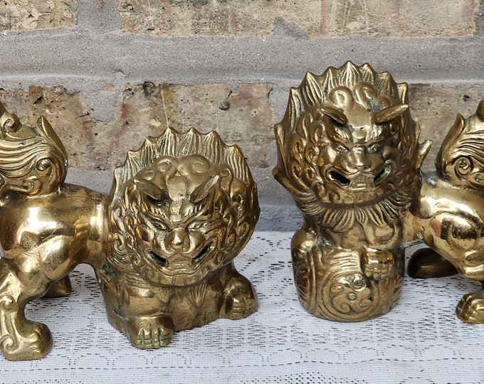 2 Vintage Mid Century Modern Brass Gold Asian Chinese Foo Dogs Fu ...