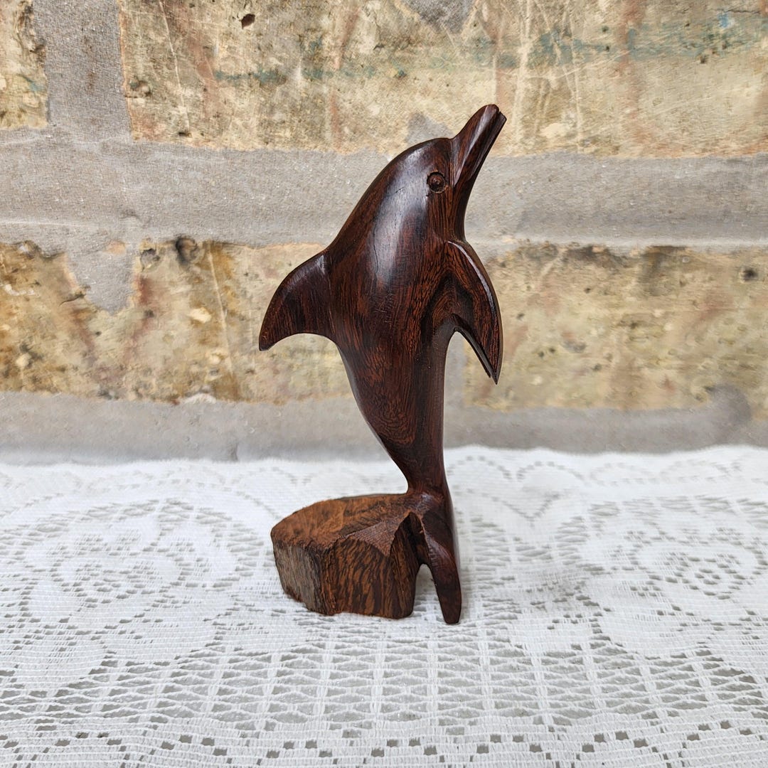 Vintage Hand Carved Dolphin Figurine Signed Guzman Dark Walnut Colored ...