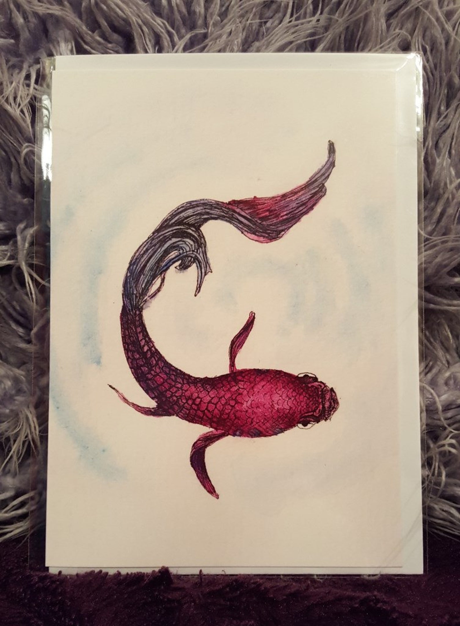Foo the Siamese Fighter Fish, Fine Art Greetings Card. Pen and Ink and ...