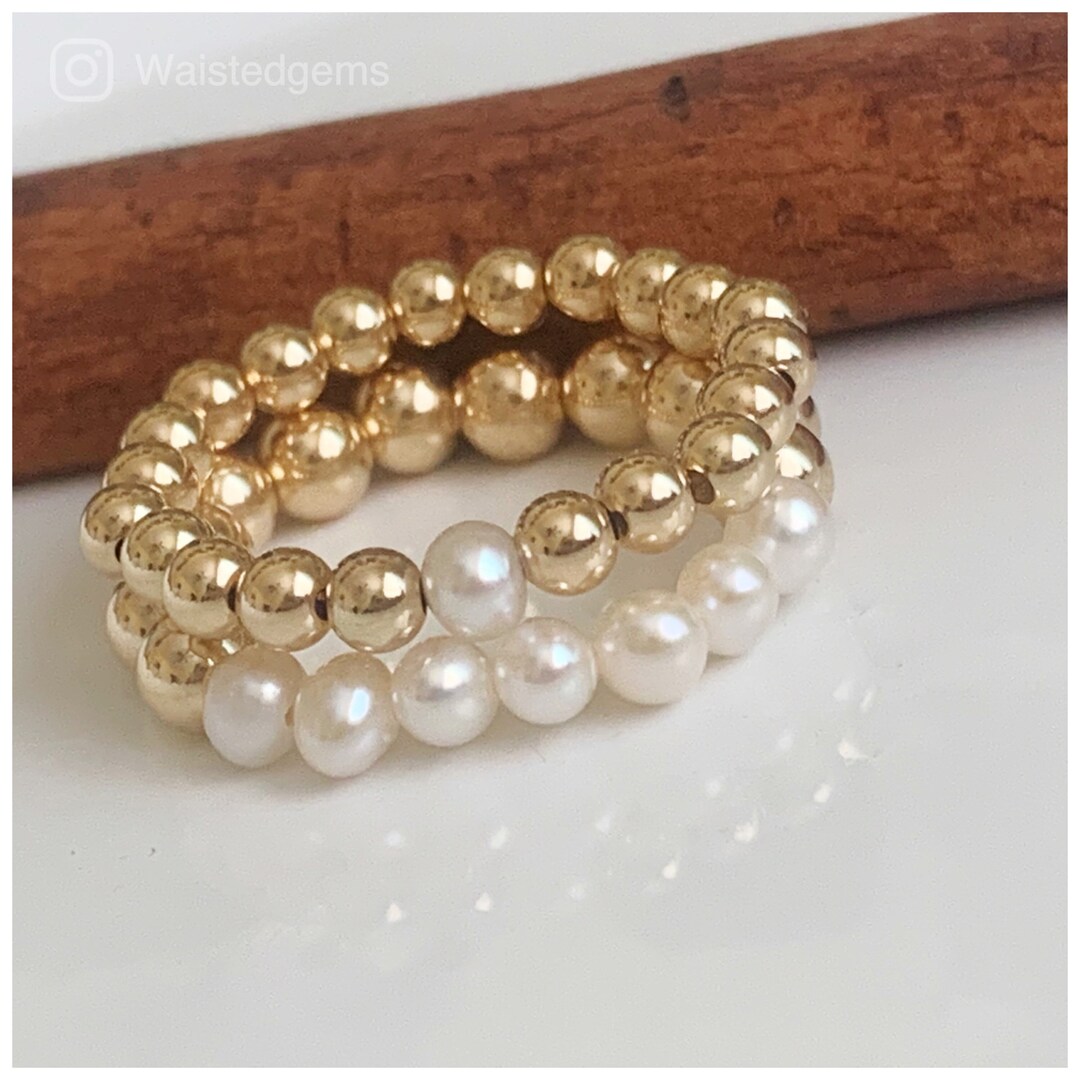 14k perles d’eau douce anneau perlé 2pc Set, anneaux de perles, anneaux ...