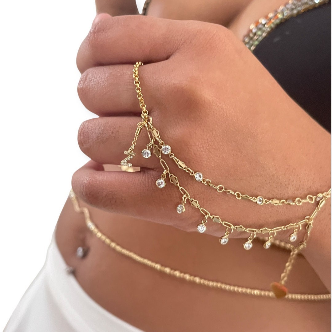 14k Gold Diamond Hand Chain Bracelet: Dangle Charm Finger Ring - Etsy