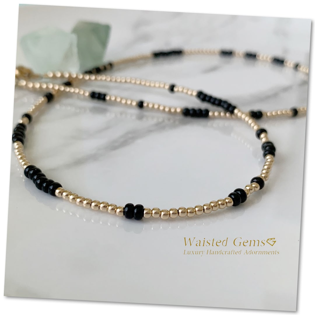 14k Gold & Black Waist Beads: Boho Belly Chain With Clasp - Etsy