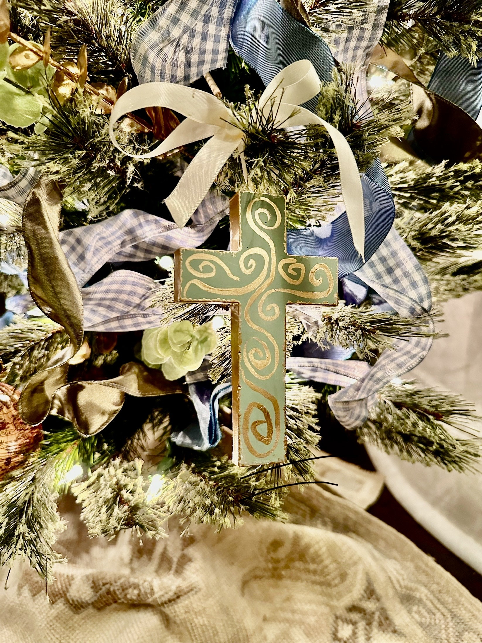 Hand Painted Gold Leaf Christian Cross Green Christmas Tree Ornament ...