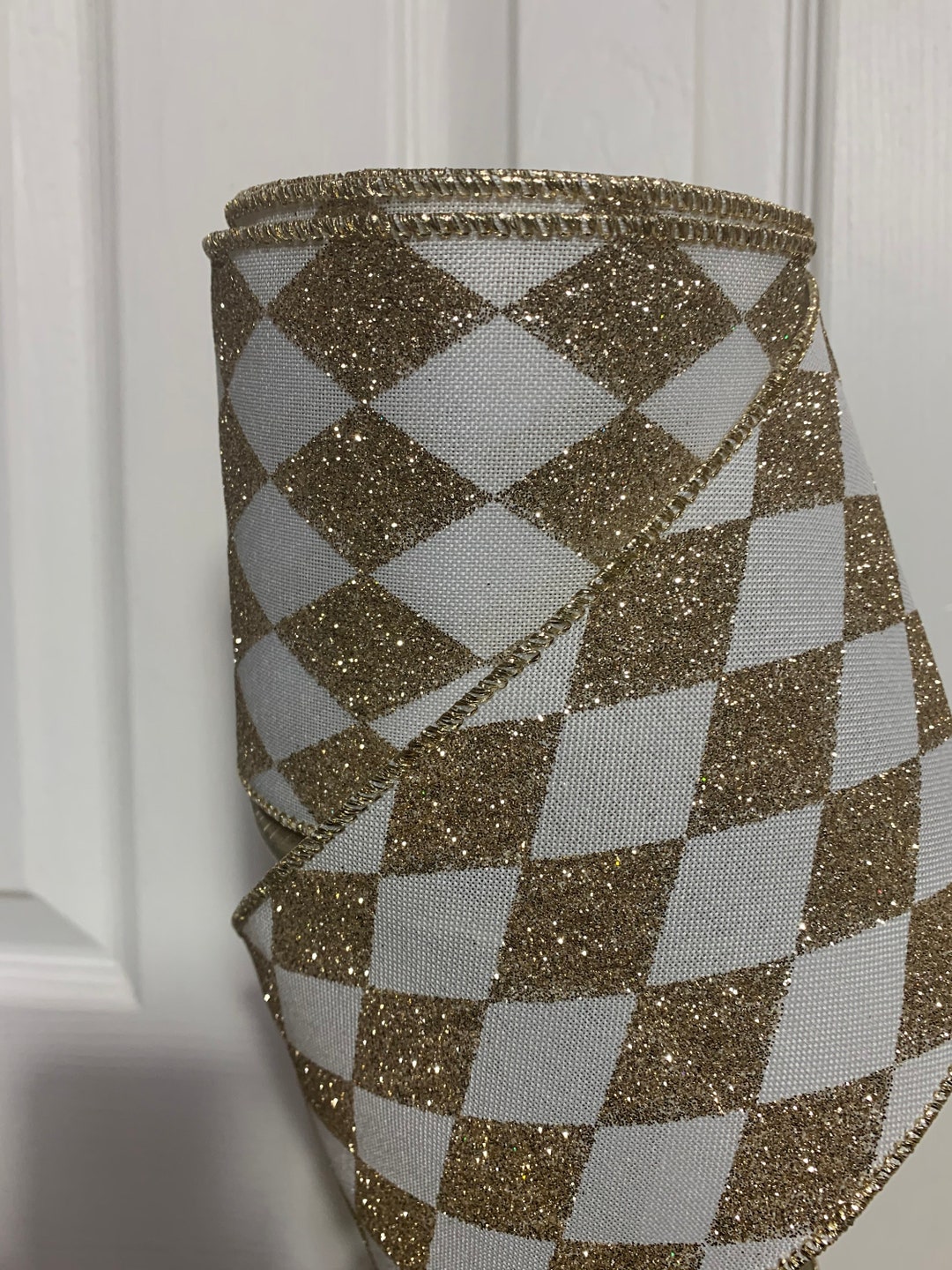 Luxury Ribbon, Designer Ribbon, Wired Ribbon, Harlequin Print Champagne ...