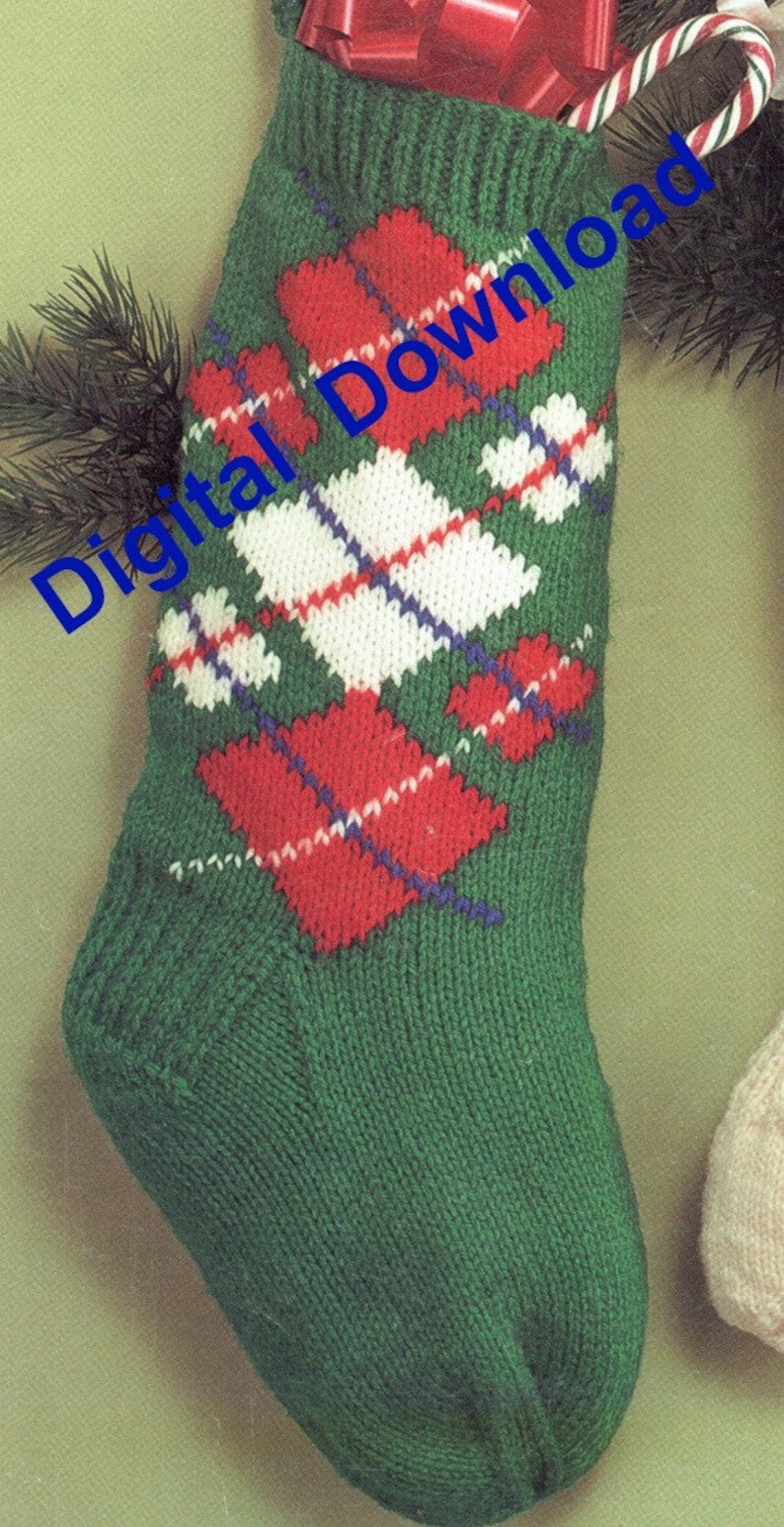 Argyle Knit Christmas Stocking, Vintage Christmas Sock Pattern, Holiday Decorating, PDF Instant ...
