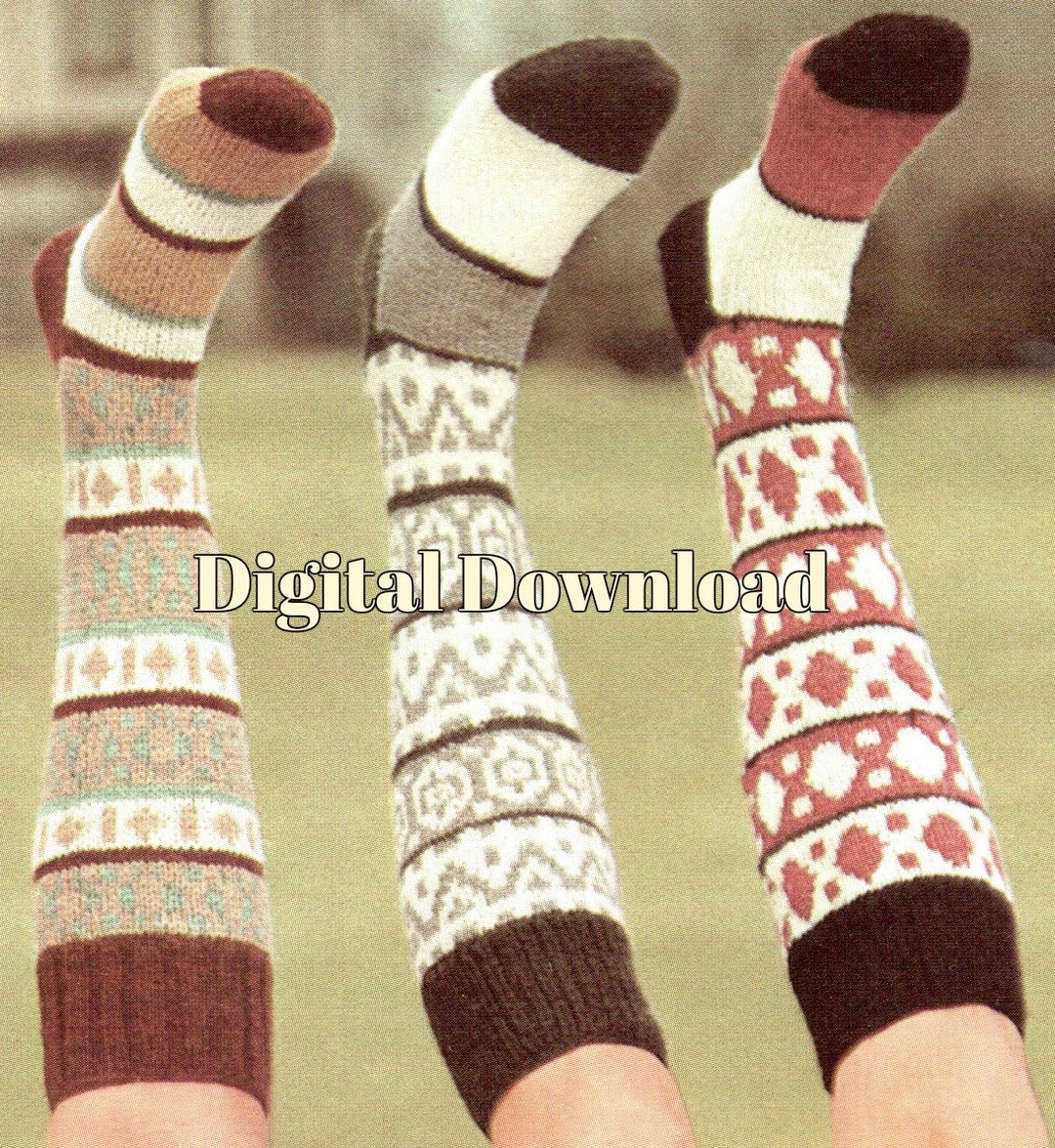 Fair Isle Knit Knee Socks Pattern, 3 Styles, Sock Knitting, Vintage ...