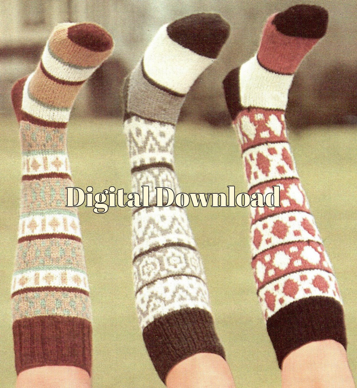 Fair Isle Knit Knee Socks Pattern, 3 Styles, Sock Knitting, Vintage ...