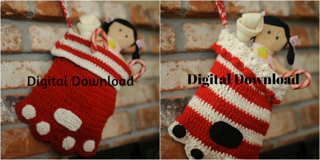2 Pet Paw Christmas Stocking Patterns, Paw Print Sock, Crochet Dog or ...