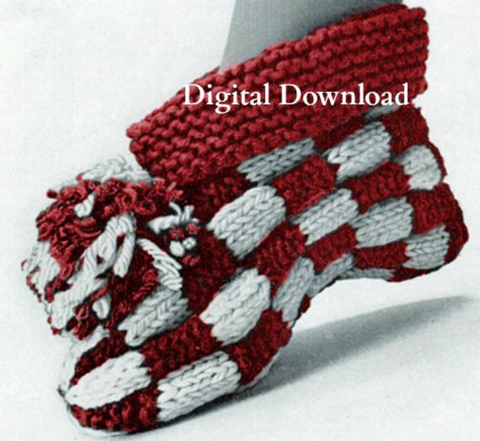 Checkered Knit Slippers Pattern, Boot, Cuffed House Shoes, Vintage, 3 ...