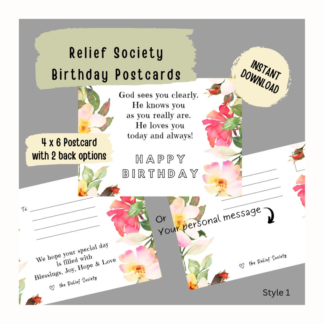 Birthday Card Postcard Relief Society Instant Download Post Card LDS ...